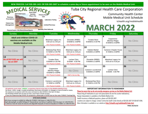 TCRHCC Community Health Center – March 2022 Mobile Medical schedule ...